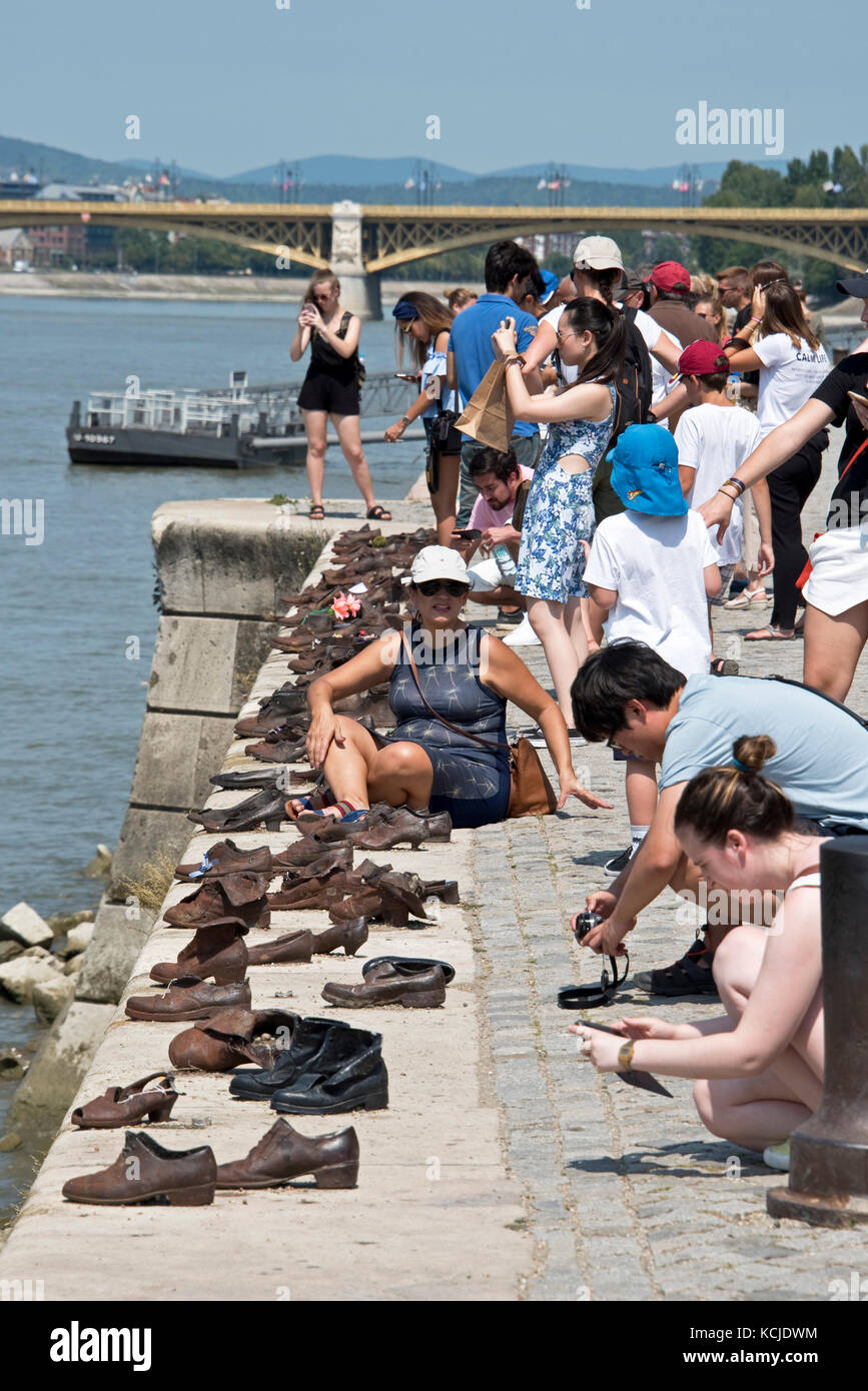 The Shoes on the Danube Bank memorial in Budapest on a sunny day with ...
