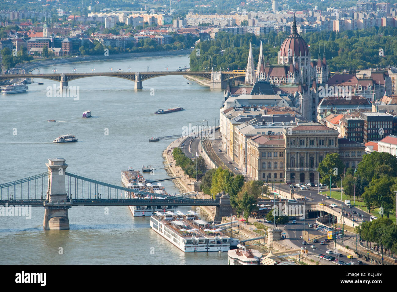 A compressed perspective aerial cityscape view of the Danube river in ...