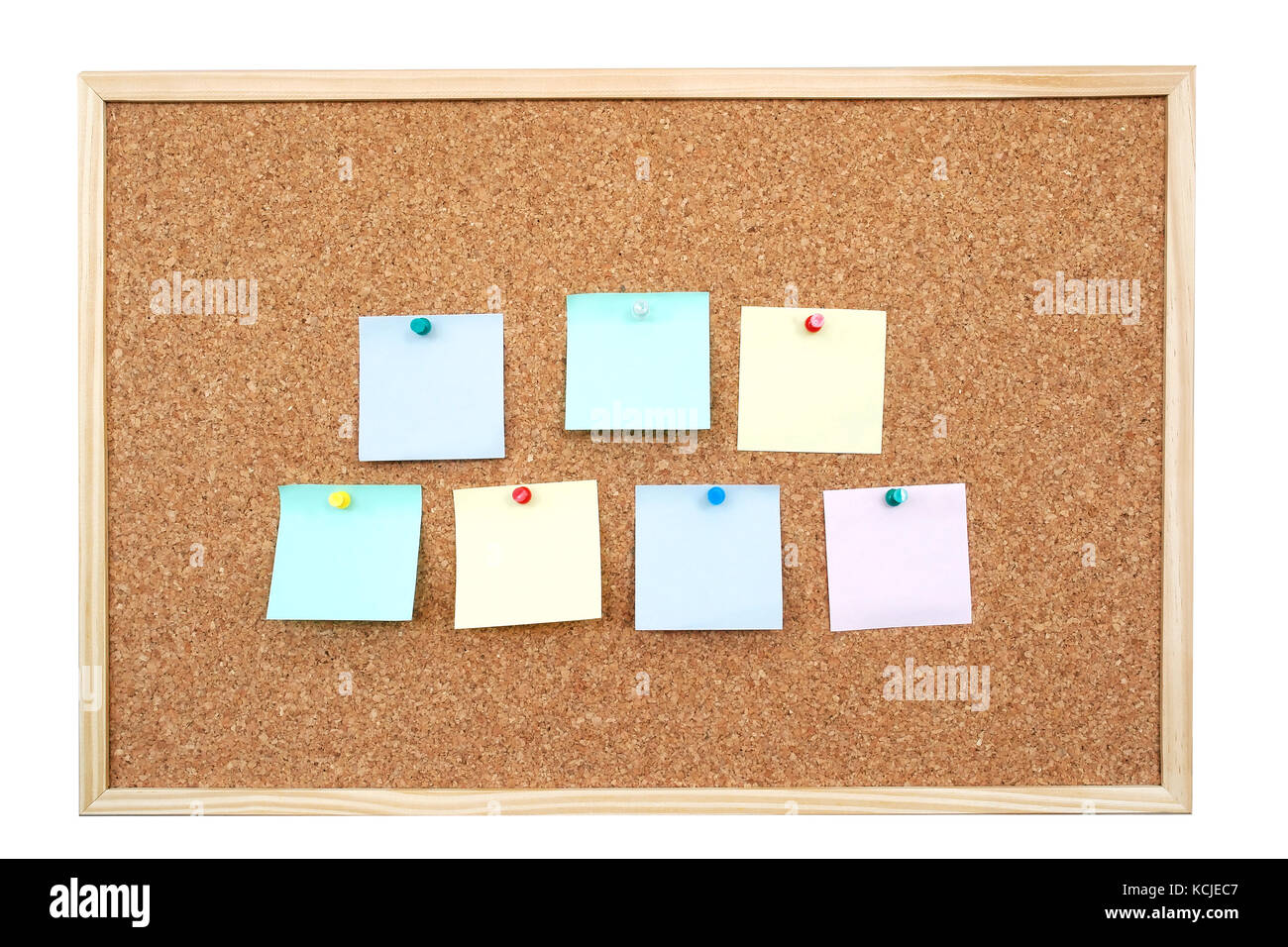 Seven colorful blank post-it notes affixed to the corkboard - isolated ...