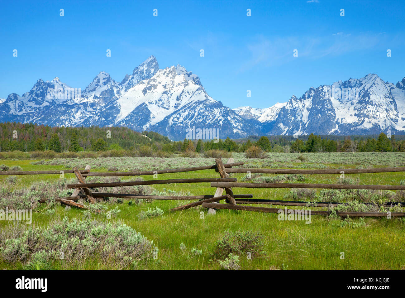 A rail ranch fence crosses a field below the Grand Teton mountains in ...