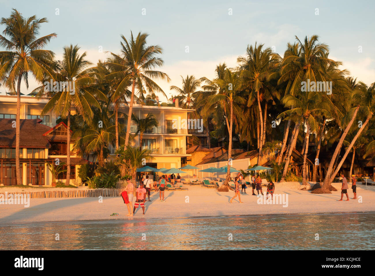 Boracay beach, Philippines - hotel and people on White Beach, at sunset ...