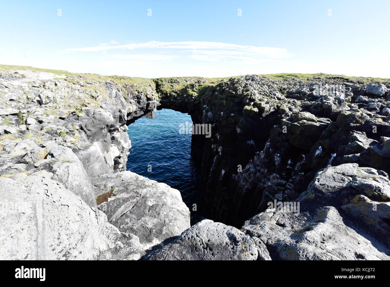 Shoreline and cliffs of basalt rock at Arnarstapi nature reserve seen ...