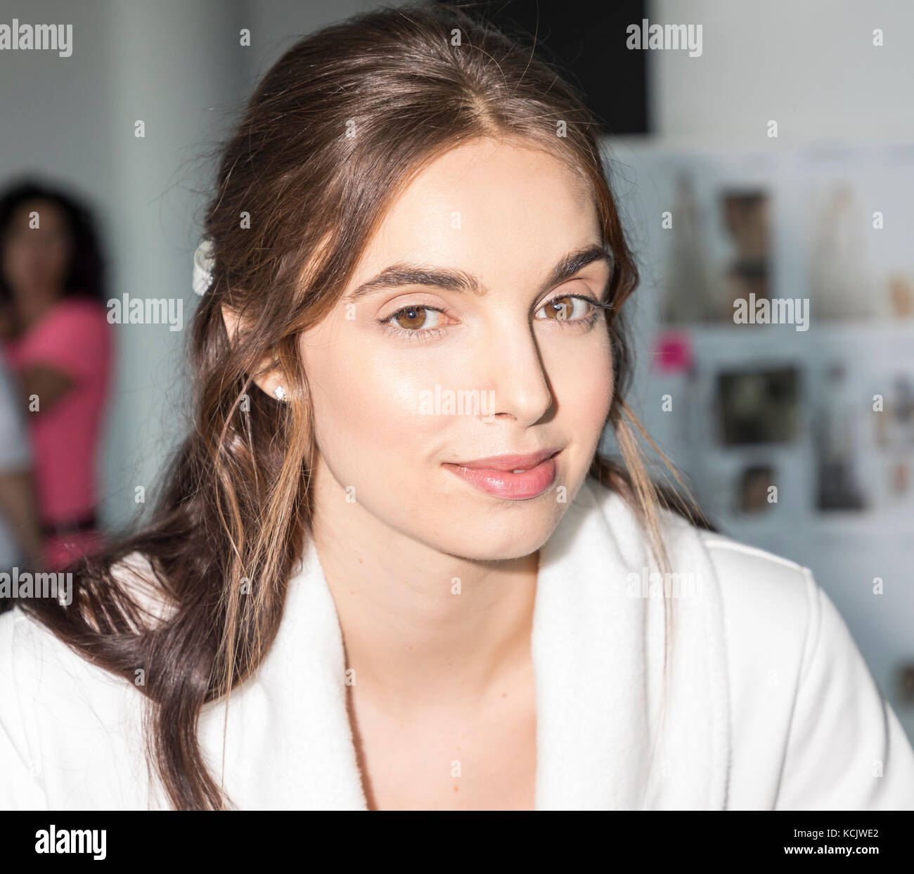 New York, NY, USA - October 5, 2017: A model prepares backstage for ...