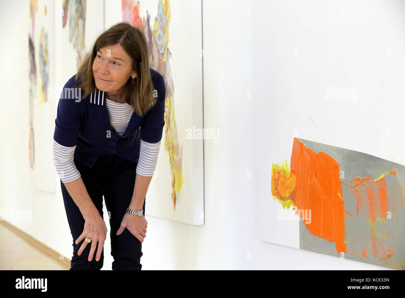 Artust Pia Fries standing in front of her works in the Kurhaus Museum ...