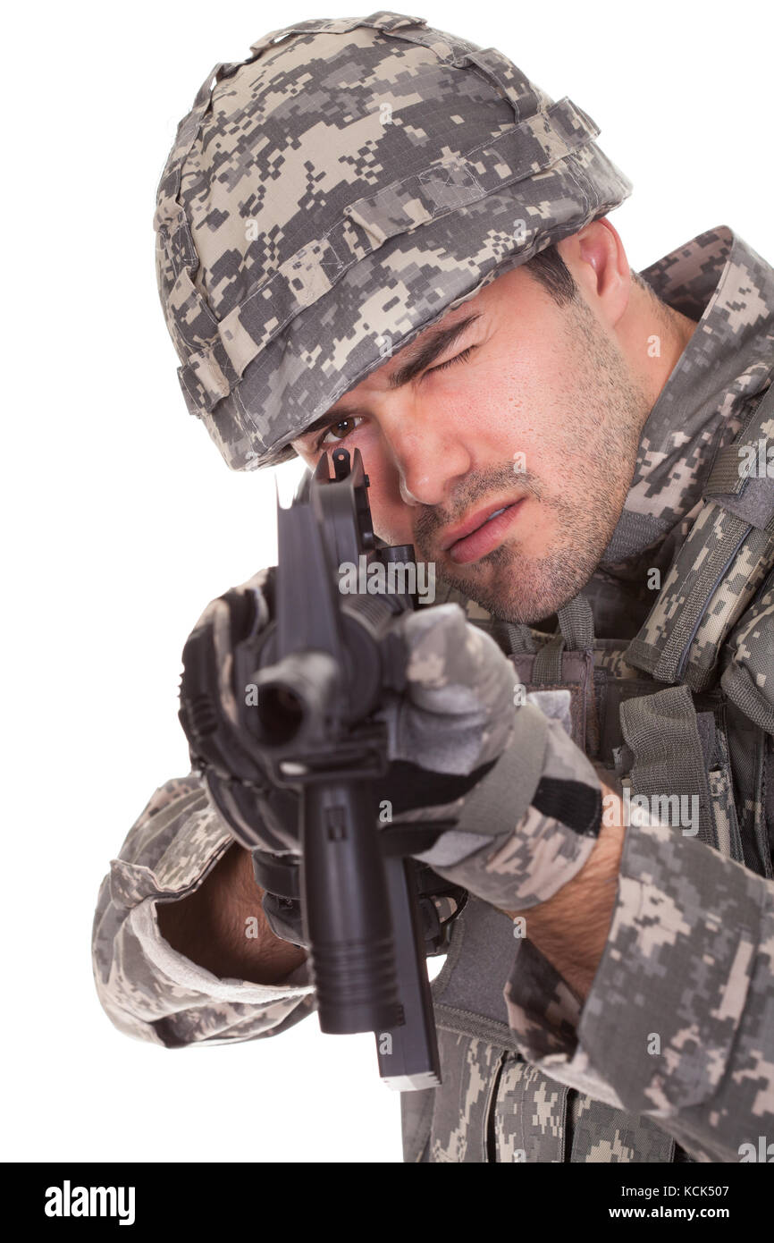 Soldier Aiming With Rifle Over White Background Stock Photo - Alamy