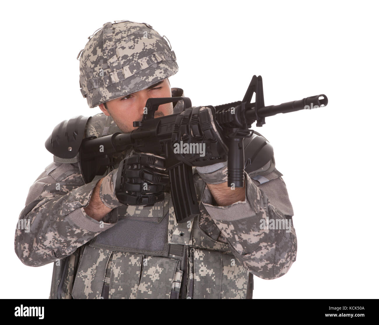 Soldier Aiming With Rifle Over White Background Stock Photo - Alamy