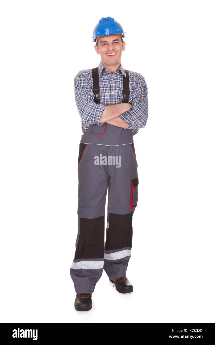 Portrait Of Happy Male Worker Over White Background Stock Photo - Alamy