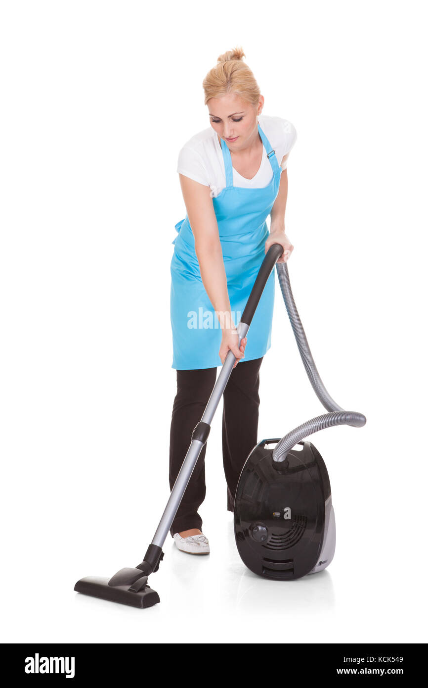 Happy Woman Holding Vacuum Cleaner Over White Background Stock Photo ...