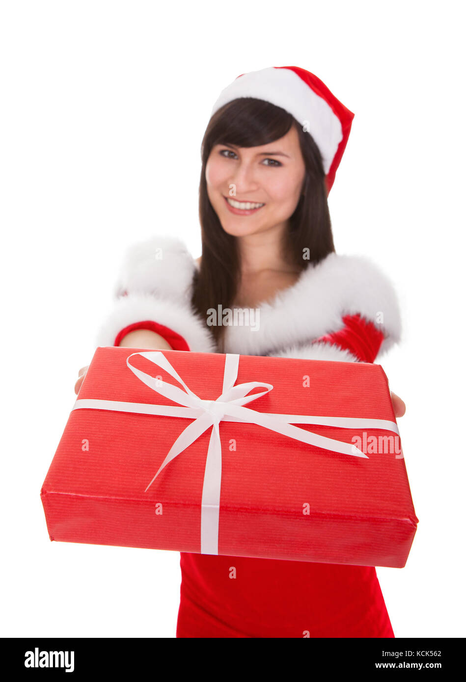 Female Santa Holding Gift On White Background Stock Photo - Alamy