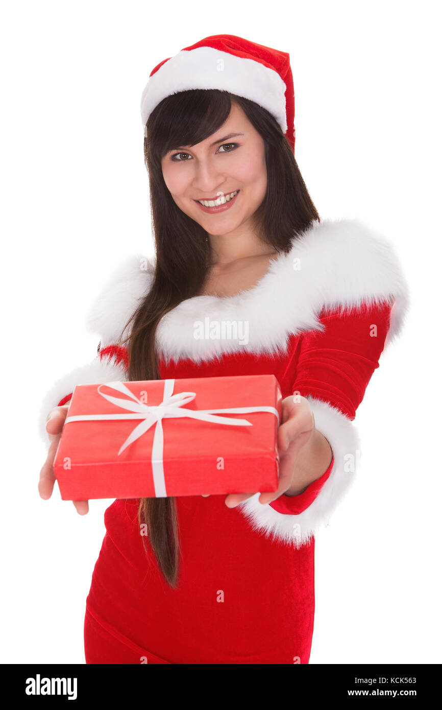 Female Santa Holding Gift On White Background Stock Photo - Alamy