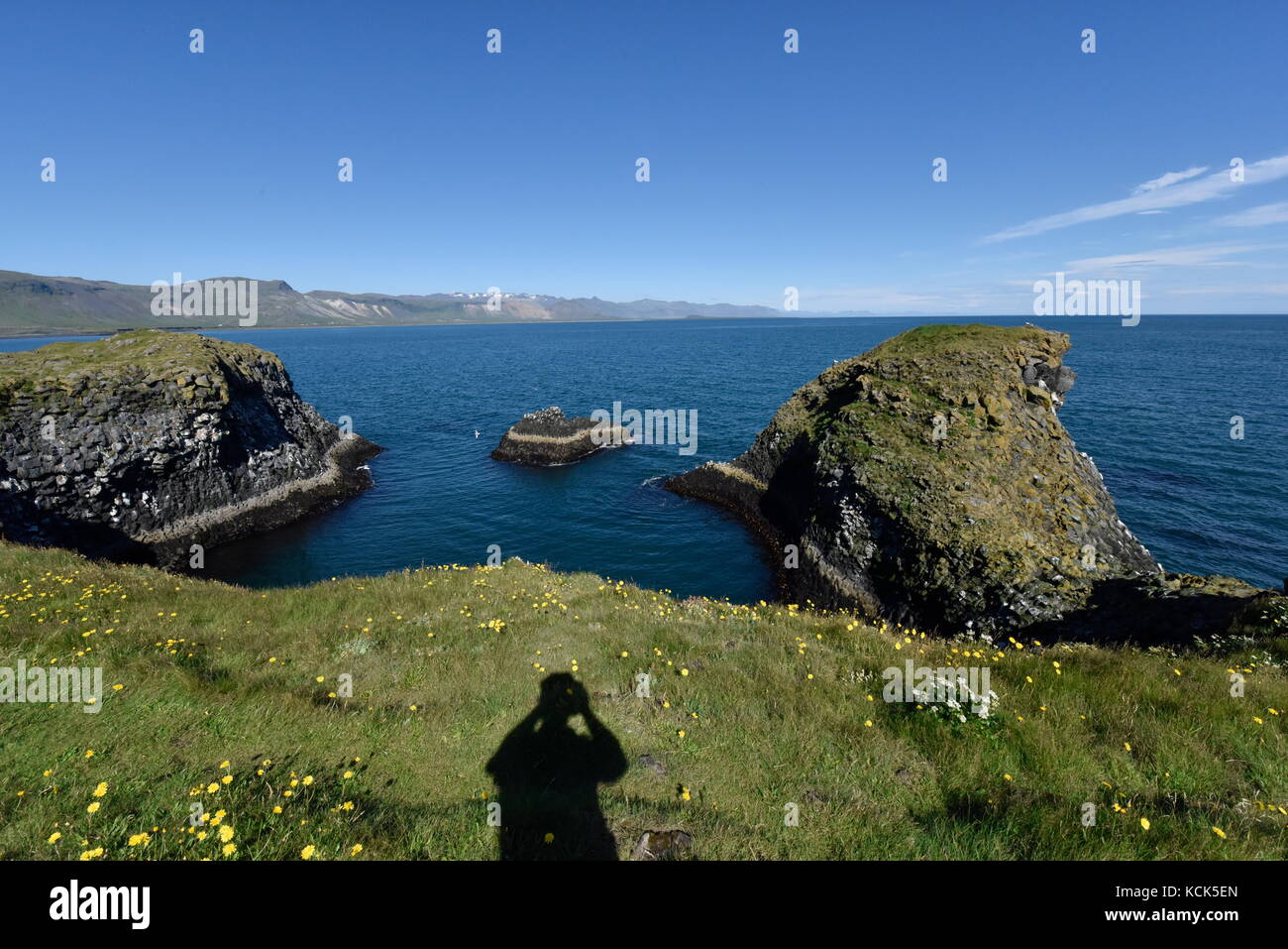 Shoreline and cliffs of basalt rock at Arnarstapi nature reserve seen ...
