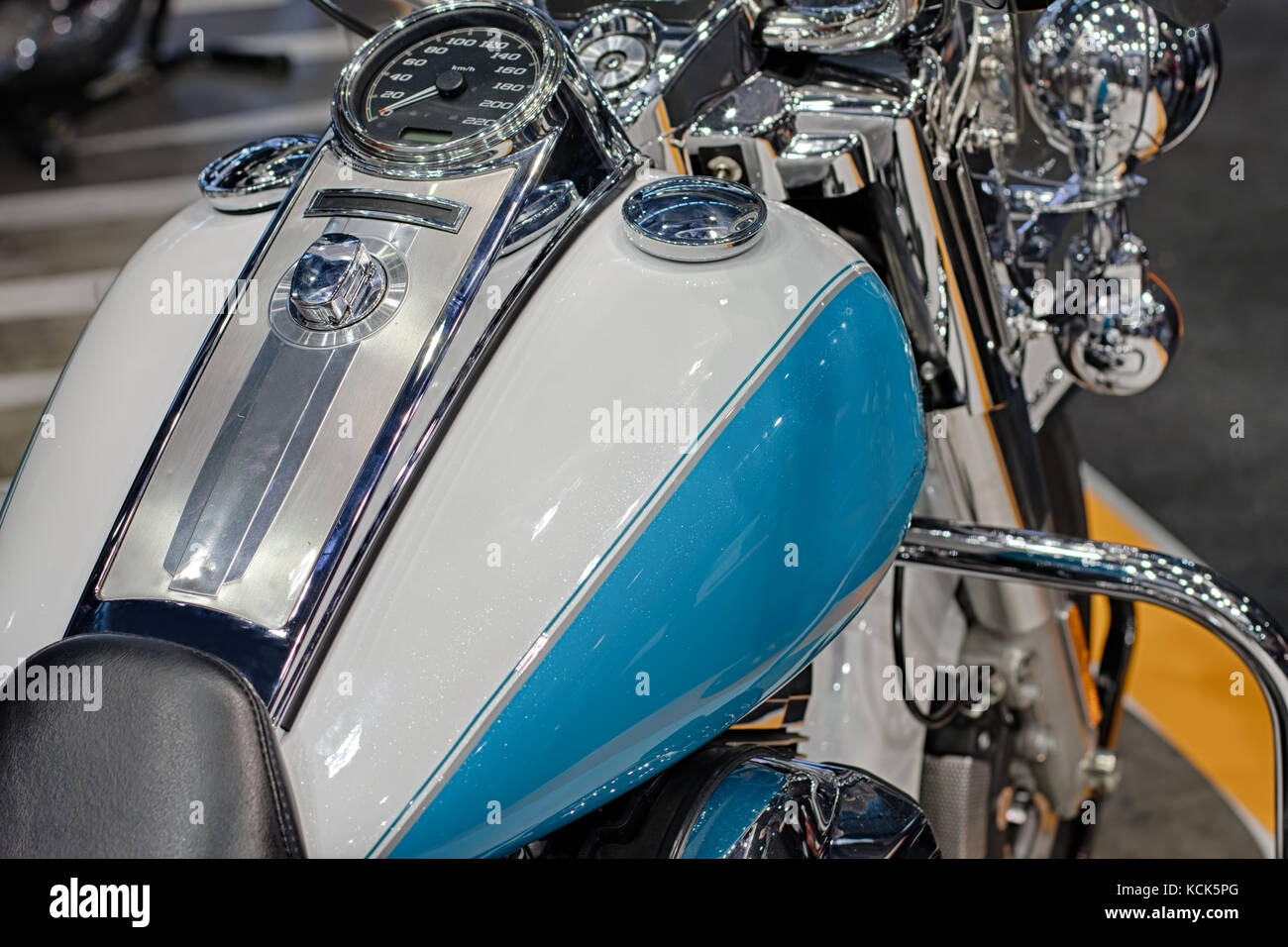 Close up blue fuel tank of motorcycle Stock Photo - Alamy