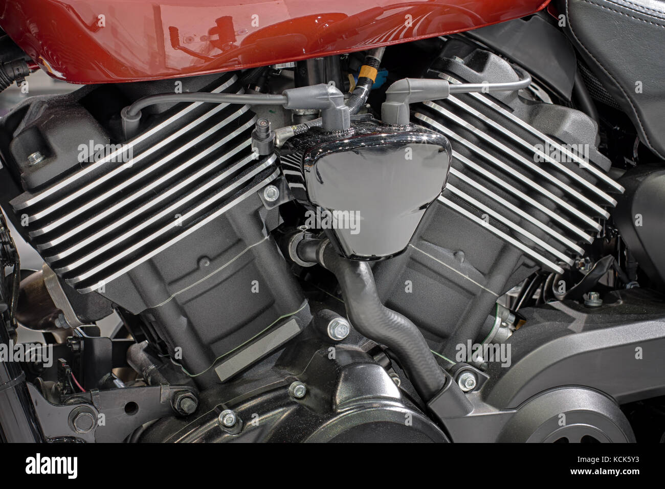 Detail of liquid cooled V-twin engine of motorcycle Stock Photo - Alamy