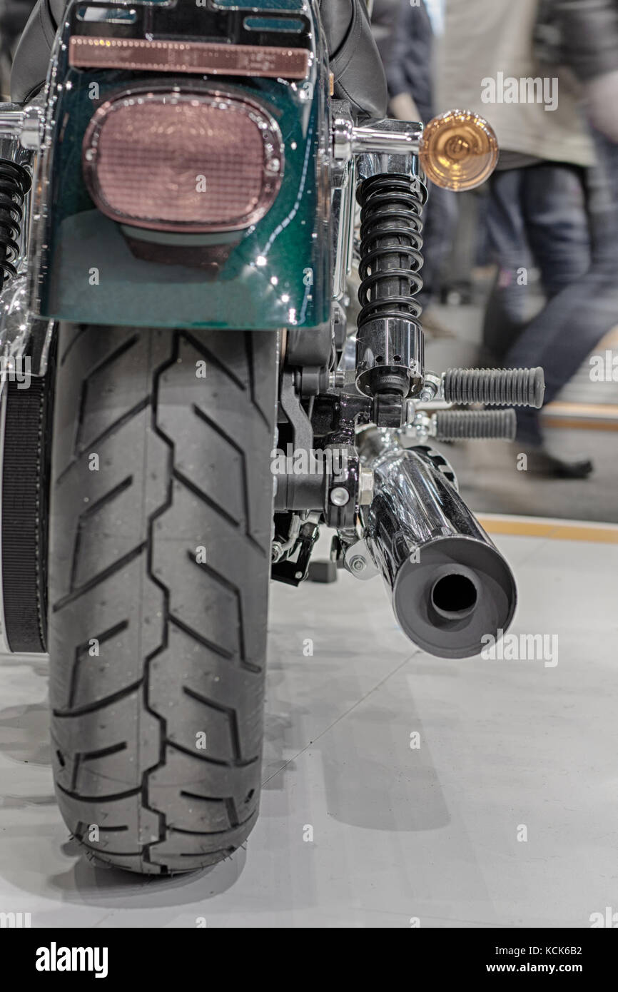 Rear view of exhaust of motorcycle, indoor photo Stock Photo - Alamy