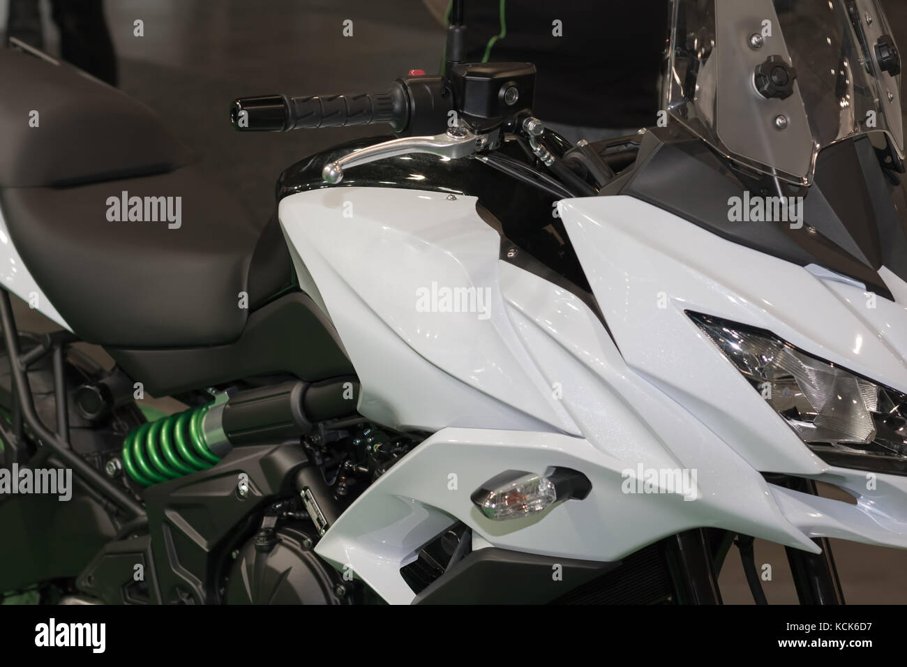 Close up of new modern motorcycle, indoor photo Stock Photo - Alamy