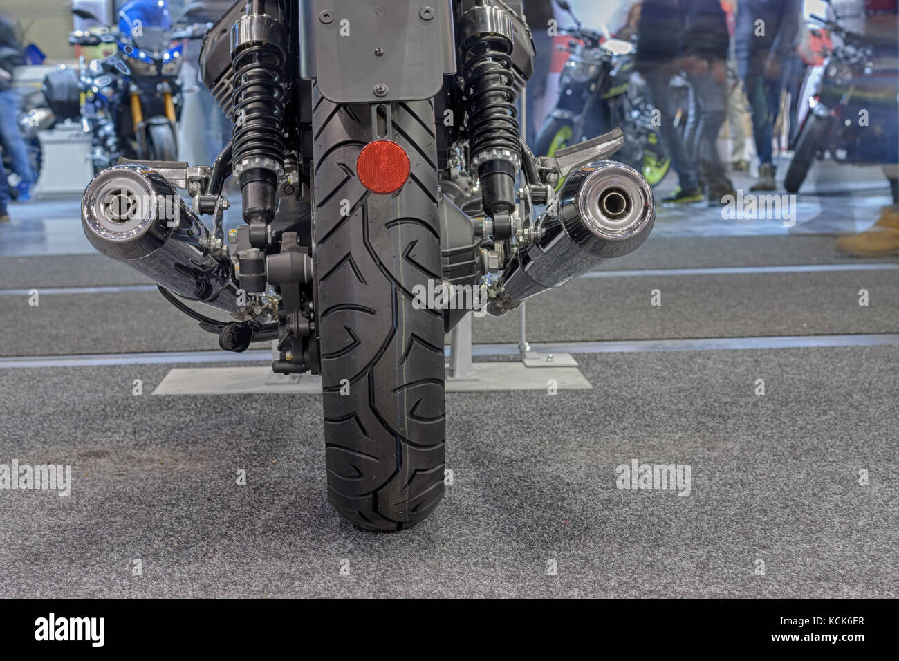 Rear view of new motorcycle, indoor photo Stock Photo - Alamy