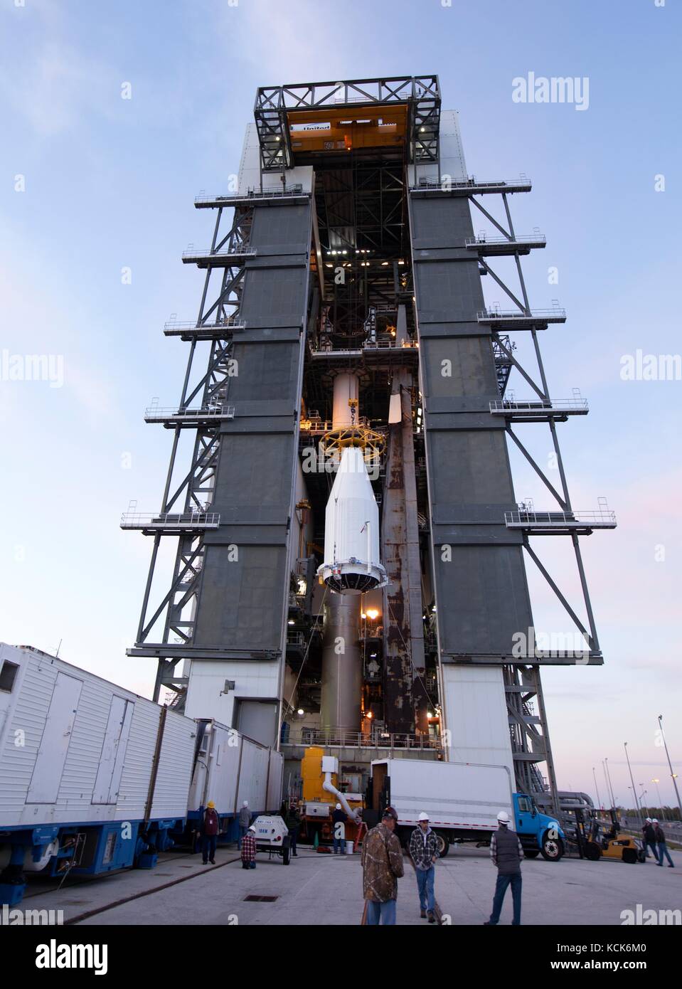 The Orbital ATK Cygnus CRS-7 pressurized cargo spacecraft is lifted by ...