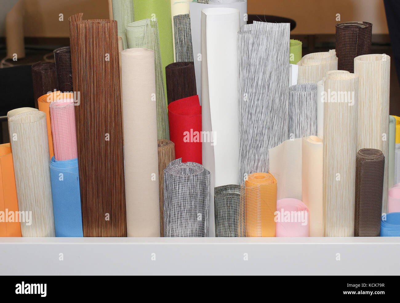 Material samples in wooden box inside home decoration studio Stock ...