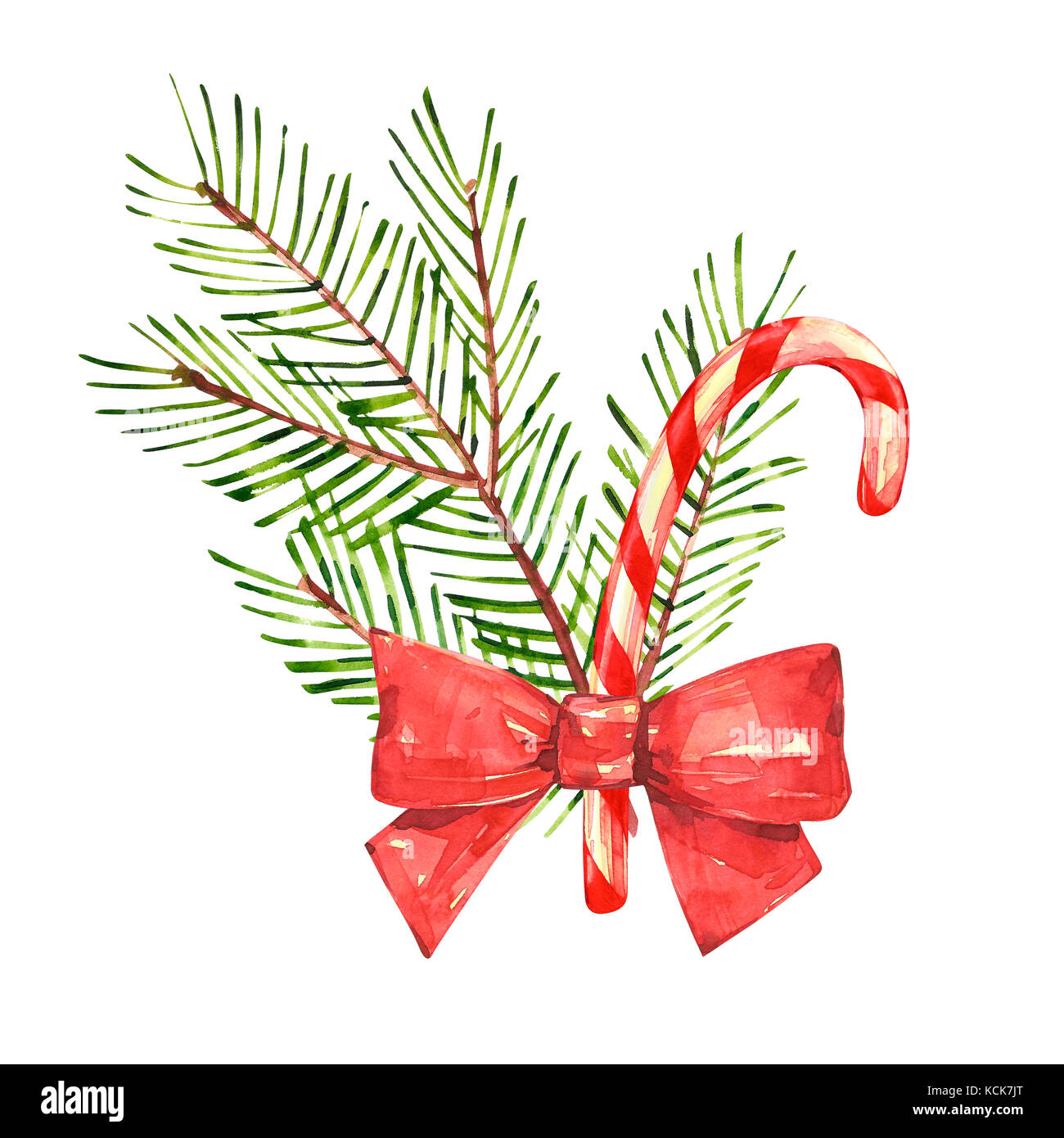 Christmas candy cane with xmas tree. Watercolor illustrations isolated ...