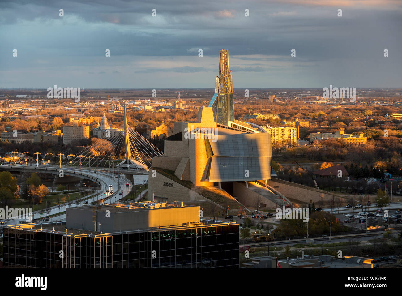 View of The Museum for Human Rights, Esplanade Riel Pedestrian Bridge ...