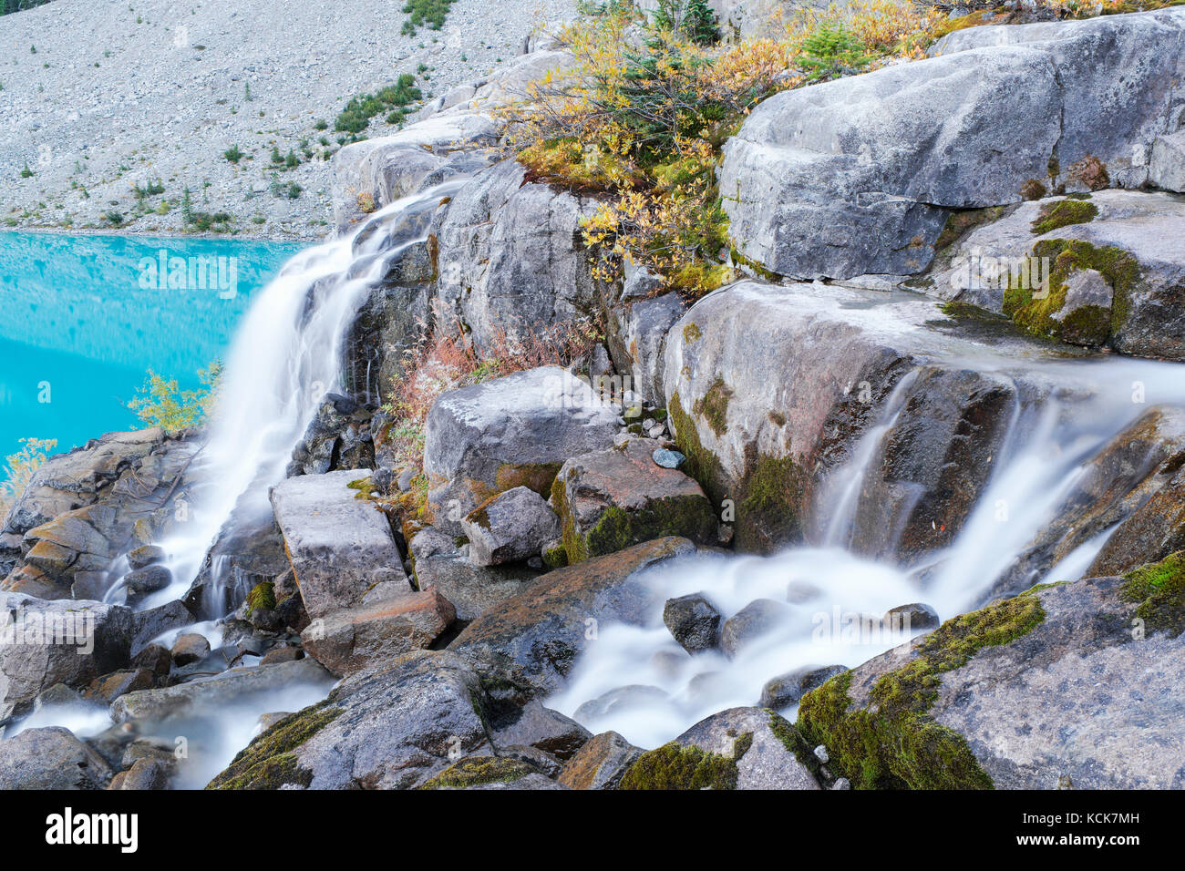 Waterfalls coming down from Matier Glacier and going into upper Joffre ...