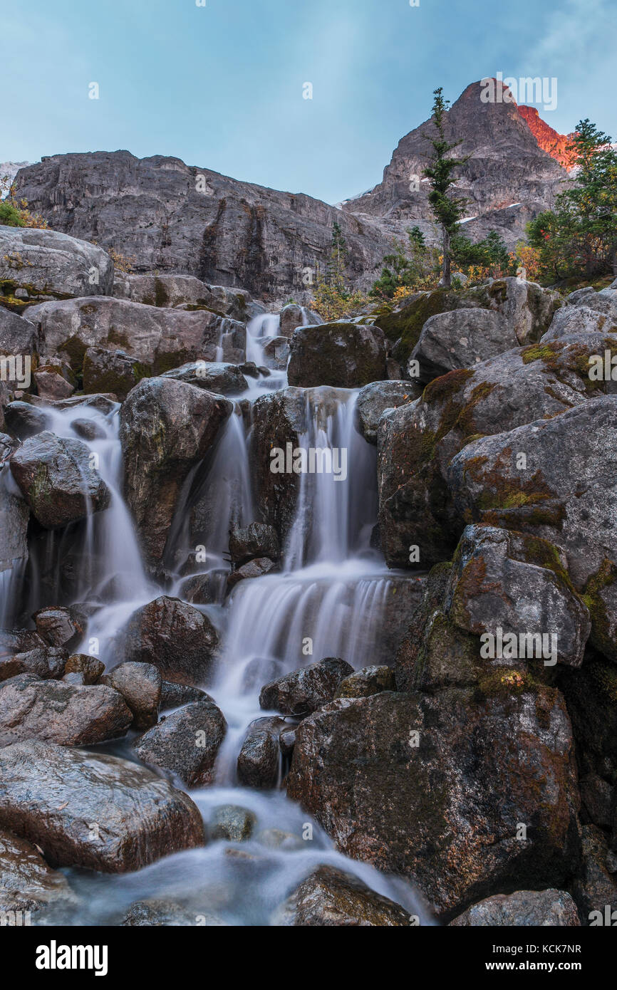 Waterfalls coming down from Matier Glacier and going into upper Joffre ...