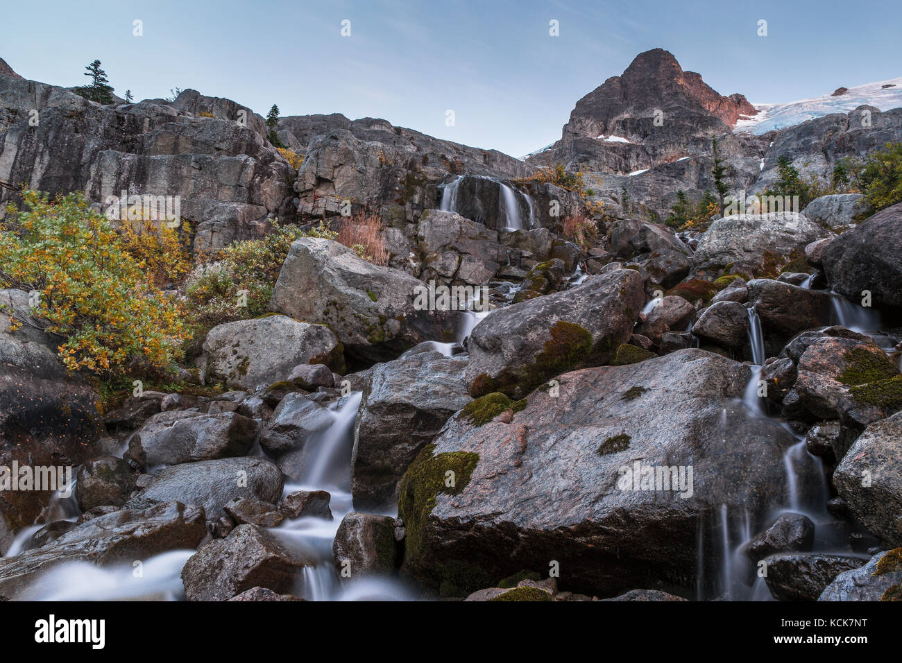 Waterfalls coming down from Matier Glacier and going into upper Joffre ...