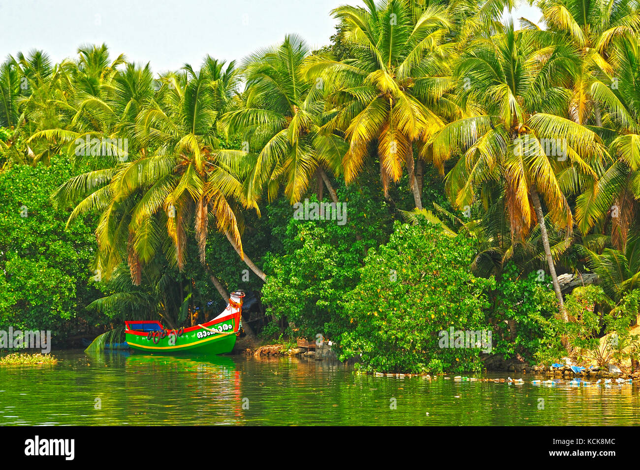 moored fishing boat in backwaters between Kollam and Cochin, Kerala ...