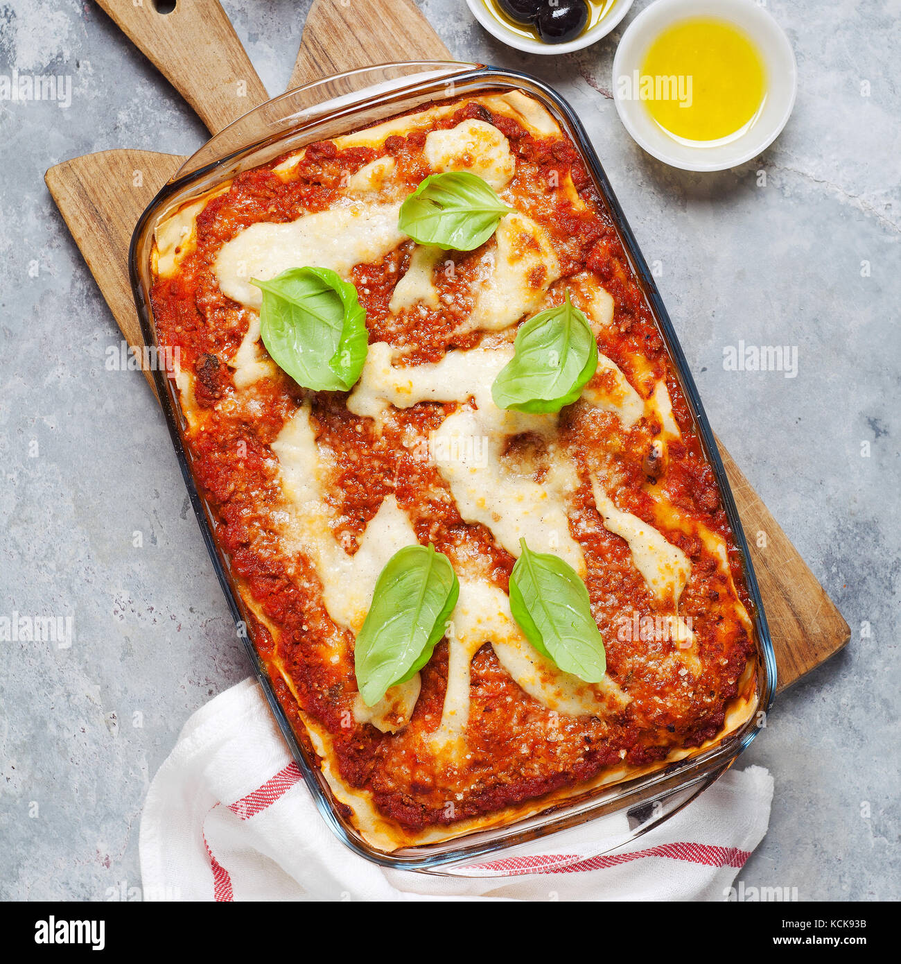 classic vegetarian lasagna on a gray stone background Stock Photo - Alamy