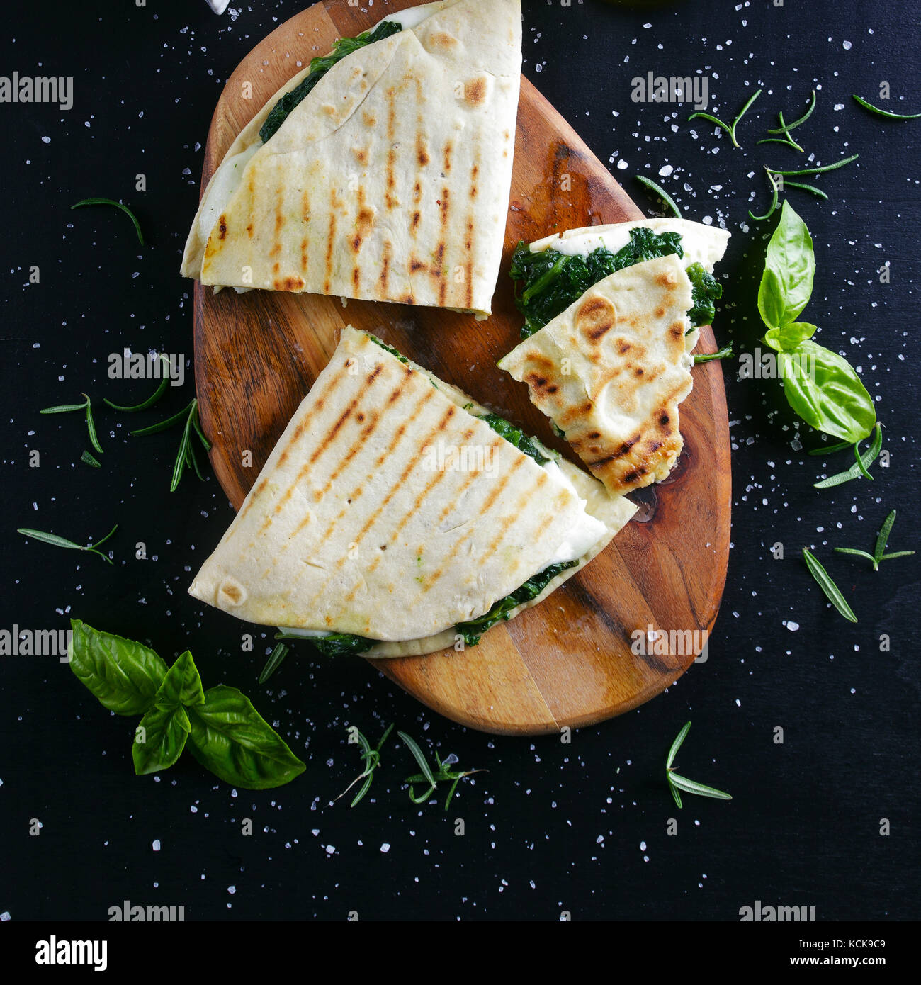 piadina with spinach and mozzarella. Italian healthy snack. street food ...