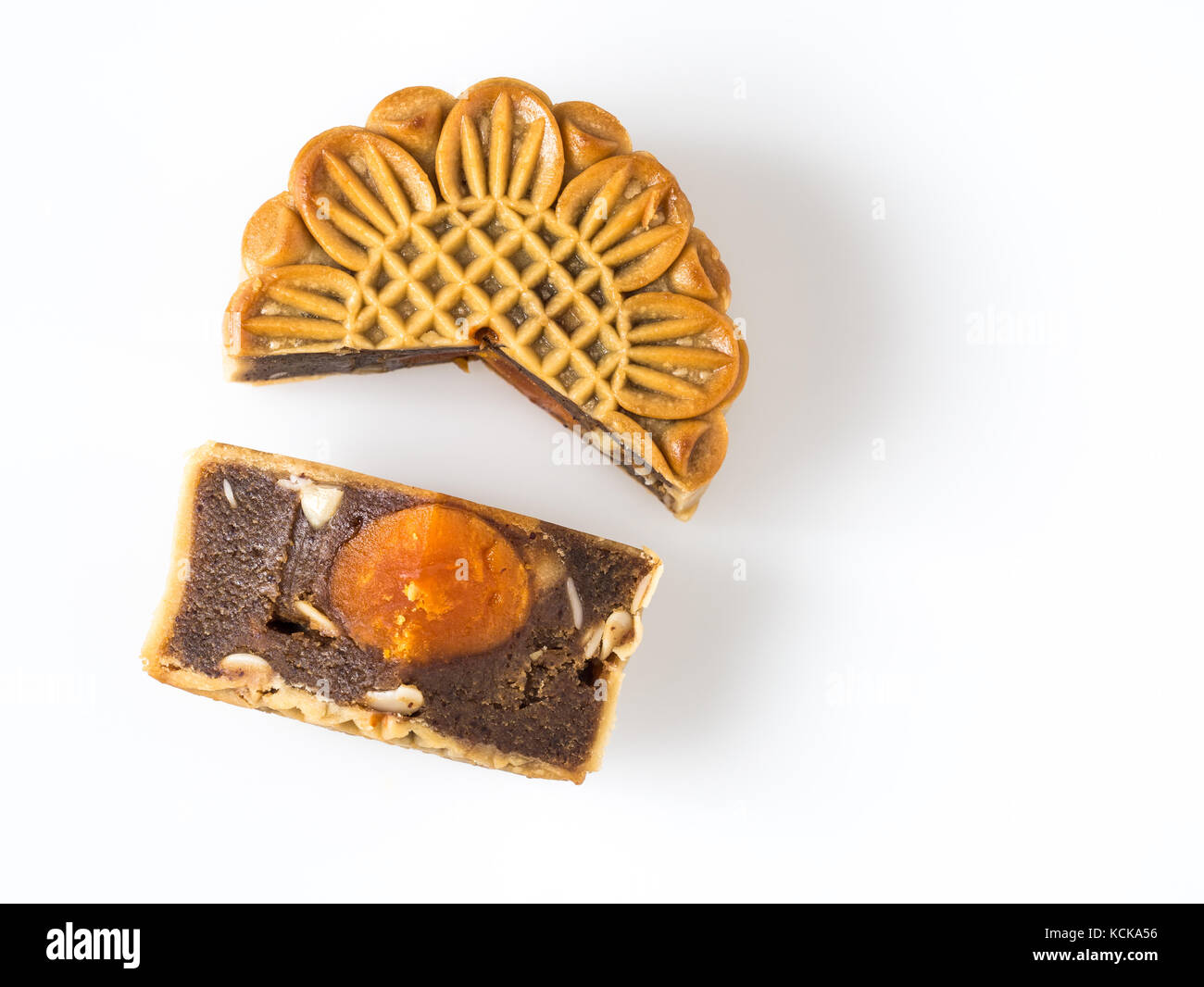 Mid autumn festival dessert, flower pattern moon cakes cut in pieces on ...