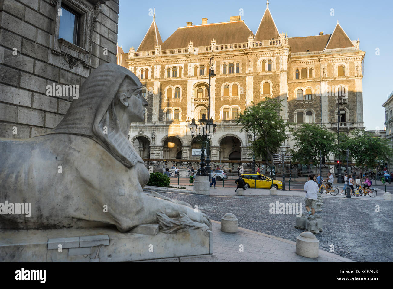 Budapest, Hungary. July 13, 2017. Female sphinx statue at royal opera ...