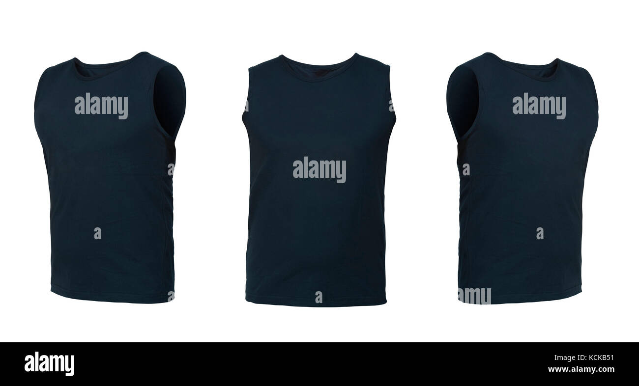 dark blue sleeveless T-shirt. t-shirt front view three positions on a ...
