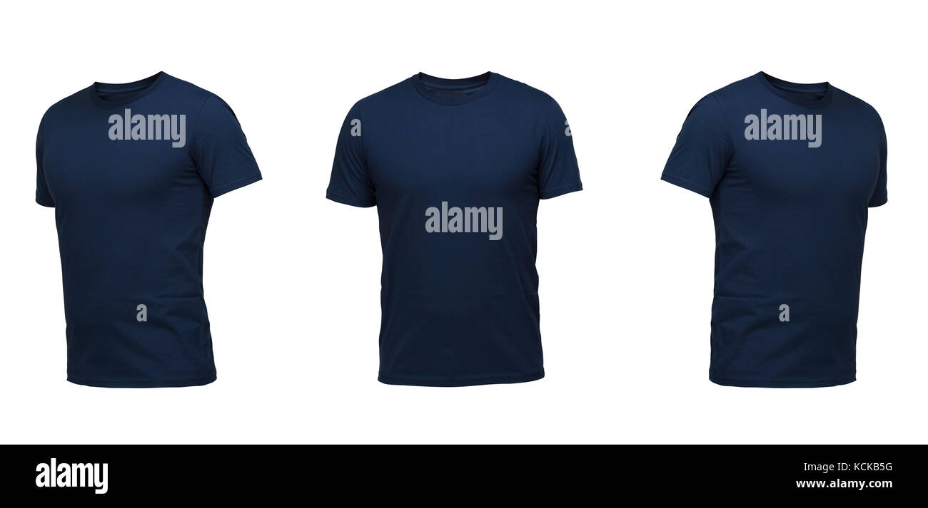 Dark blue sleeveless T-shirt. t-shirt front view three positions on a ...