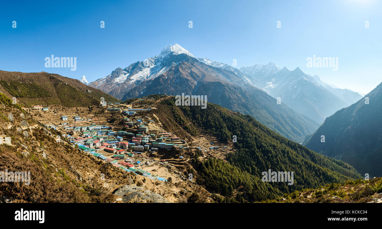 Panoramic view of Namche Bazaar and Thamserku mountain in Solukhumbu ...