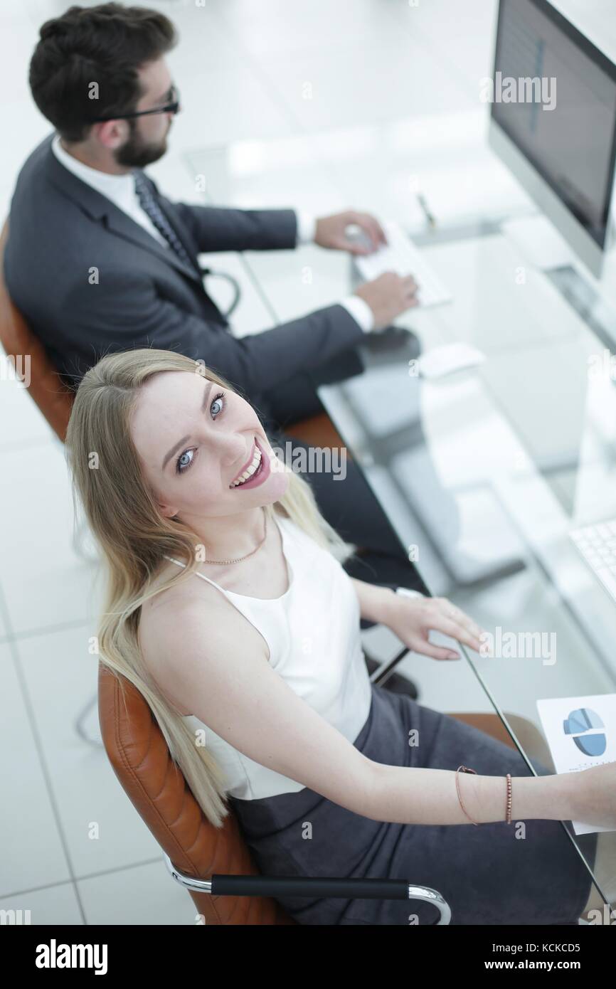 top view young financial department employee in the office Stock Photo ...