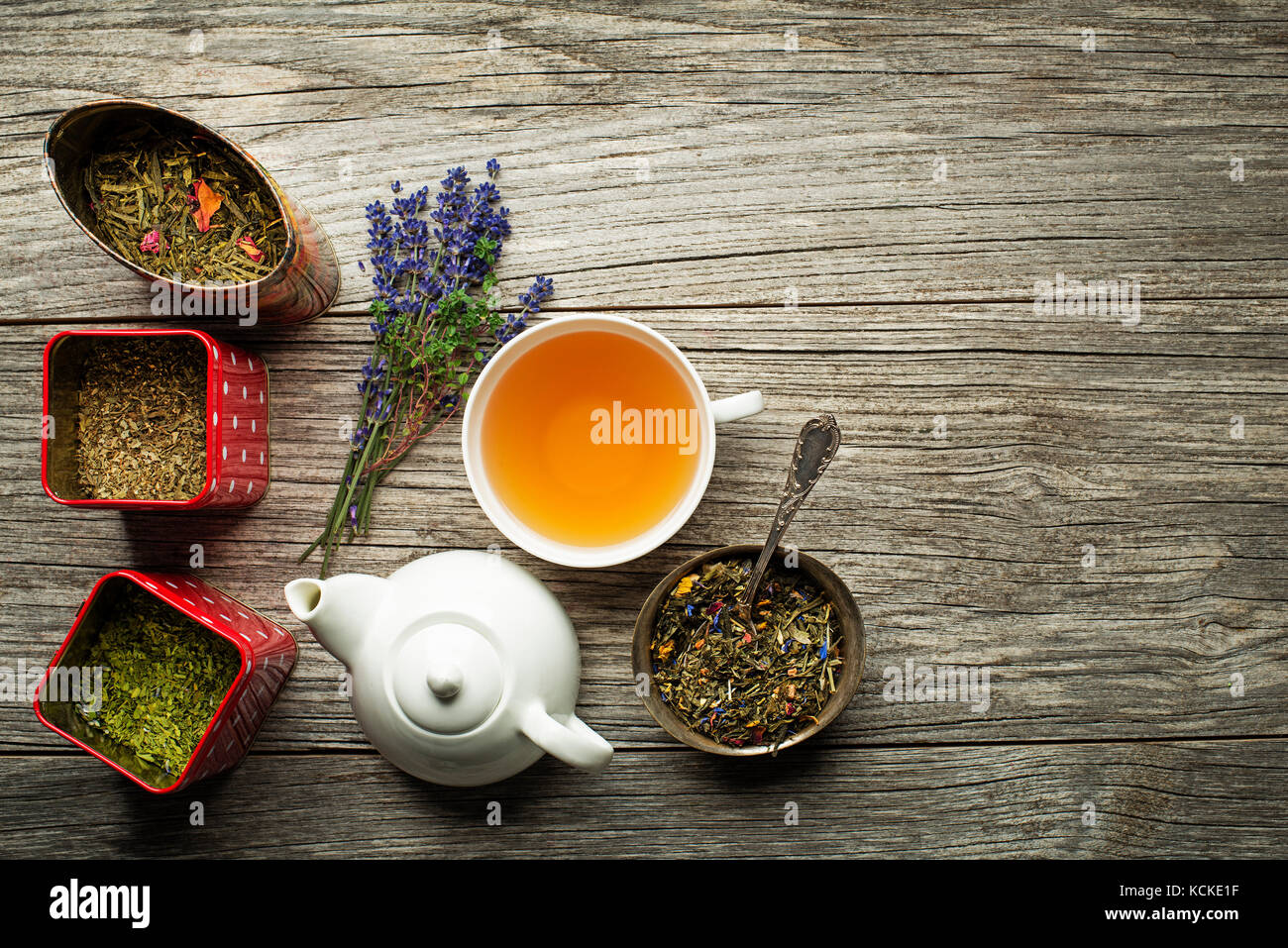Cup of tea with dry tea collection of different types Stock Photo - Alamy