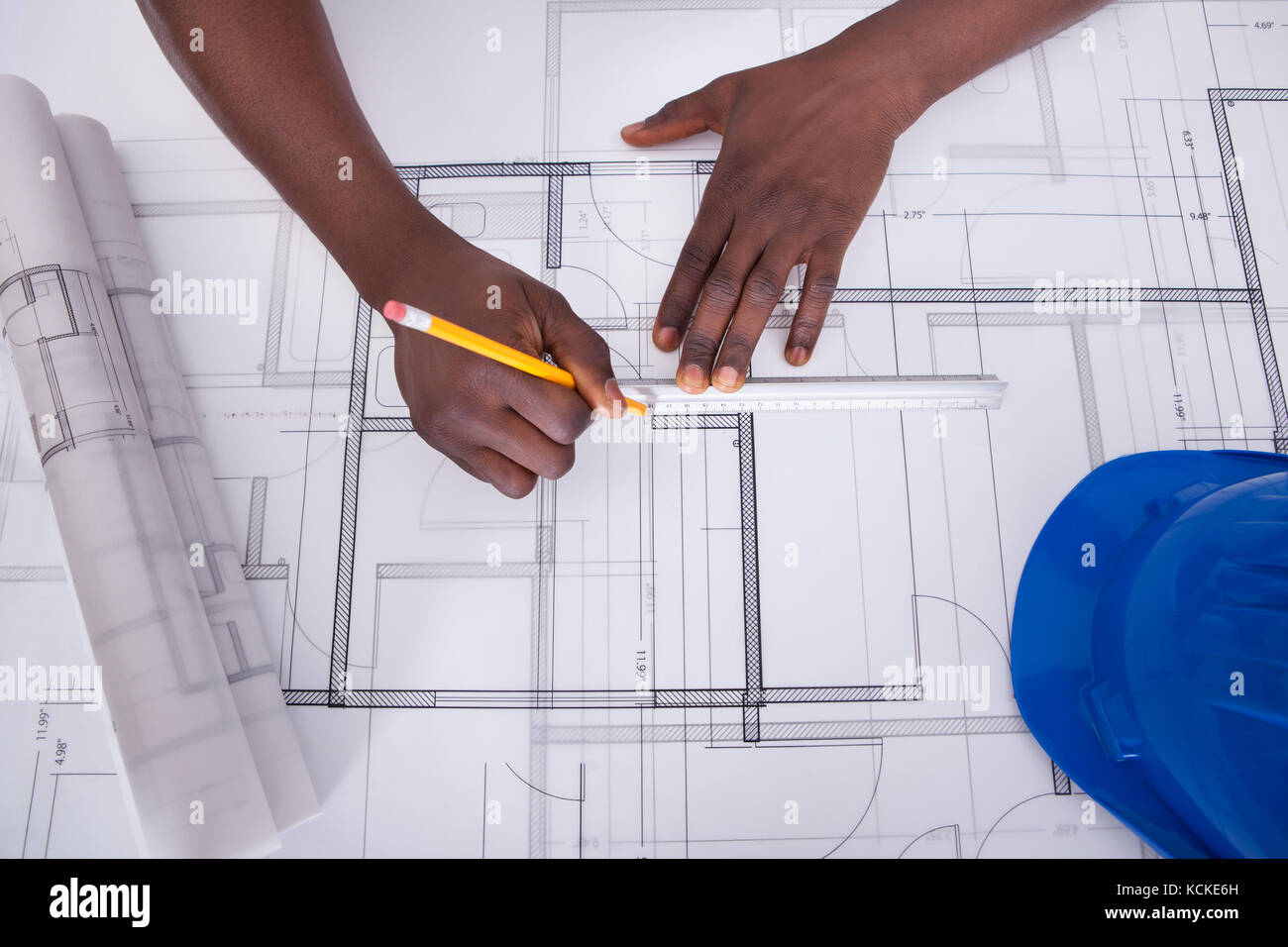 Close up of construction drawing with ruler pencil hi-res stock ...