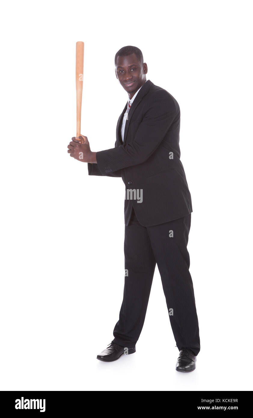 Happy Businessman With Baseball Bat Isolated On White Background Stock ...