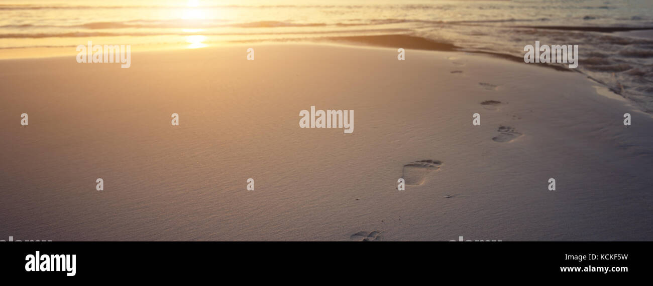 Human footprints on beach sand. Horizontal banner long shot with copy ...