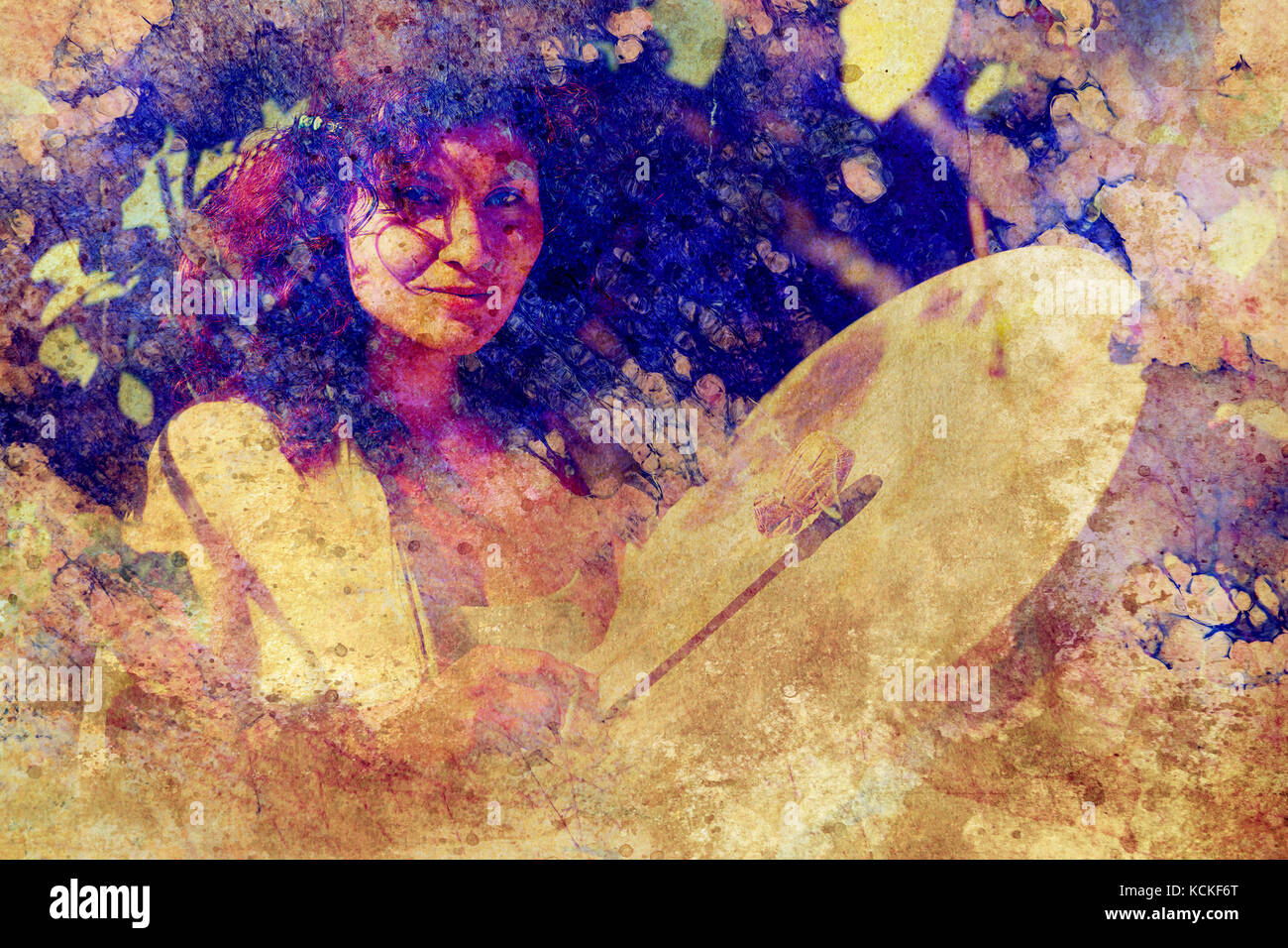 shamanic girl with frame drum on abstract structured background Stock ...