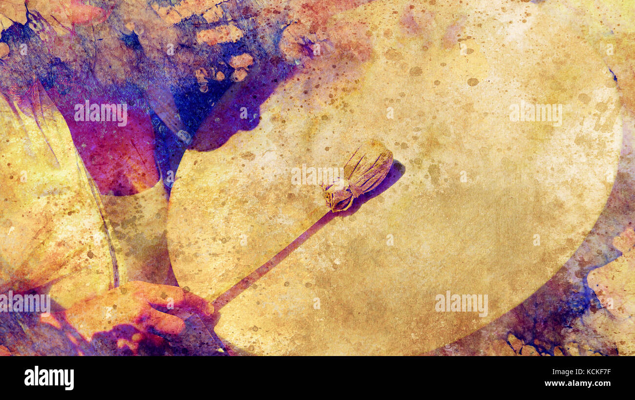 shamanic girl with frame drum on abstract structured background Stock ...