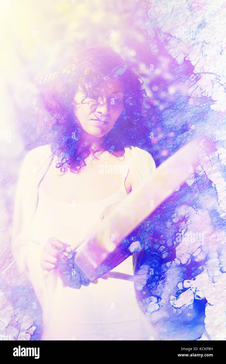 shamanic girl with frame drum on abstract structured background. Marble ...