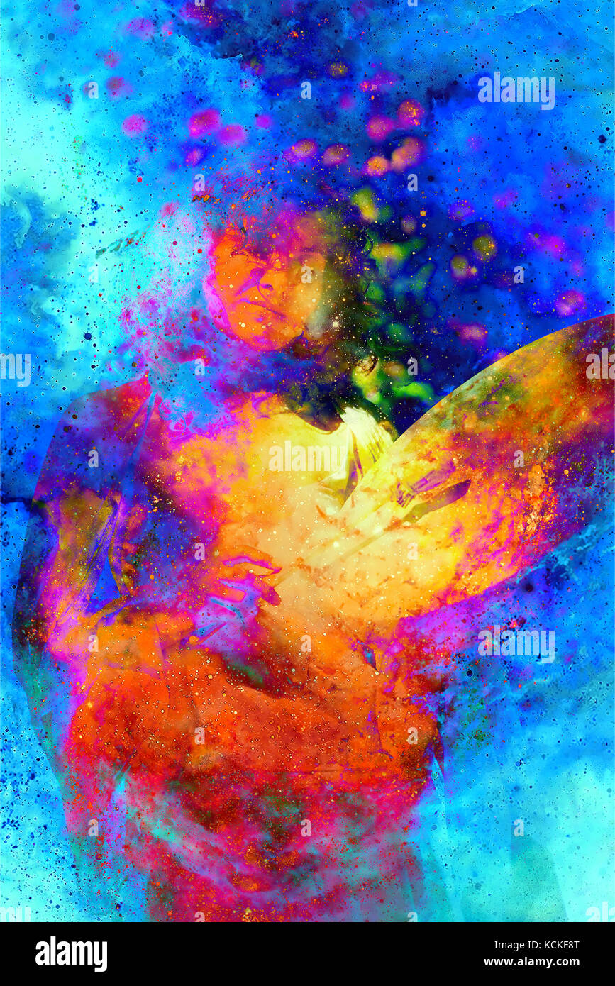 shamanic girl with frame drum on abstract structured space background ...