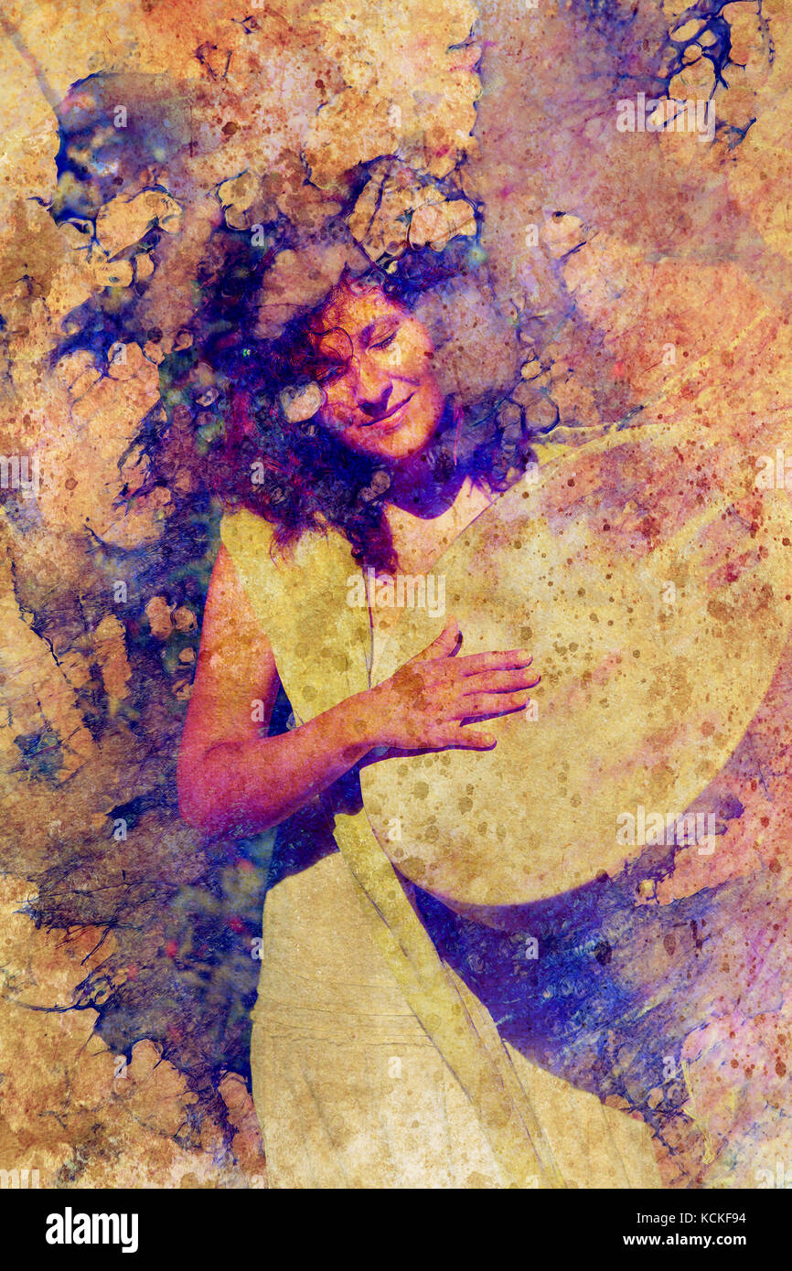 shamanic girl with frame drum on abstract structured background Stock ...