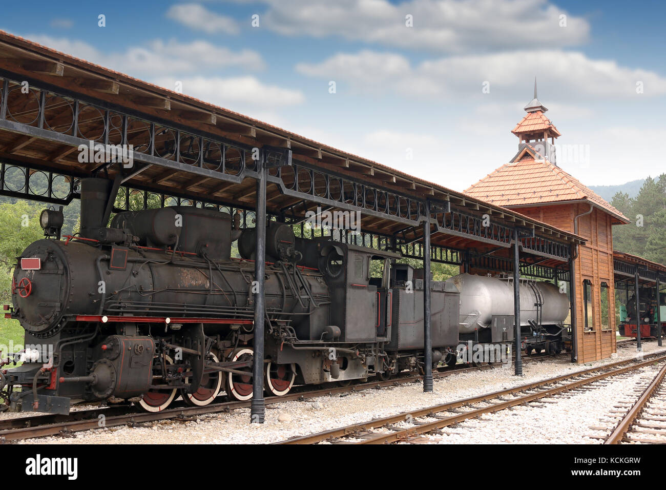 railway station with old steam locomotive Stock Photo - Alamy
