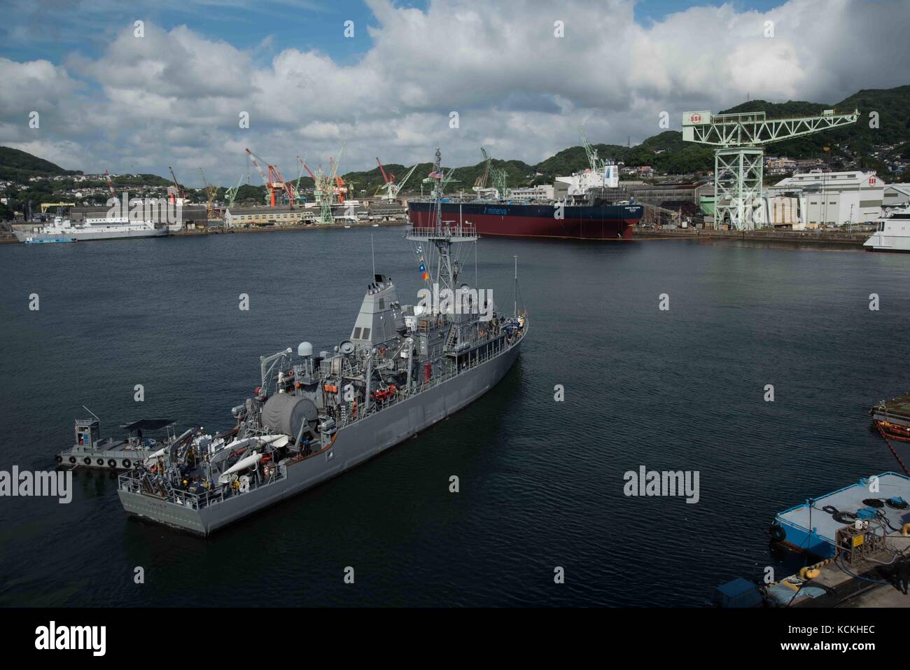 The U.S. Navy Avenger-class mine countermeasures ship USS Chief departs ...