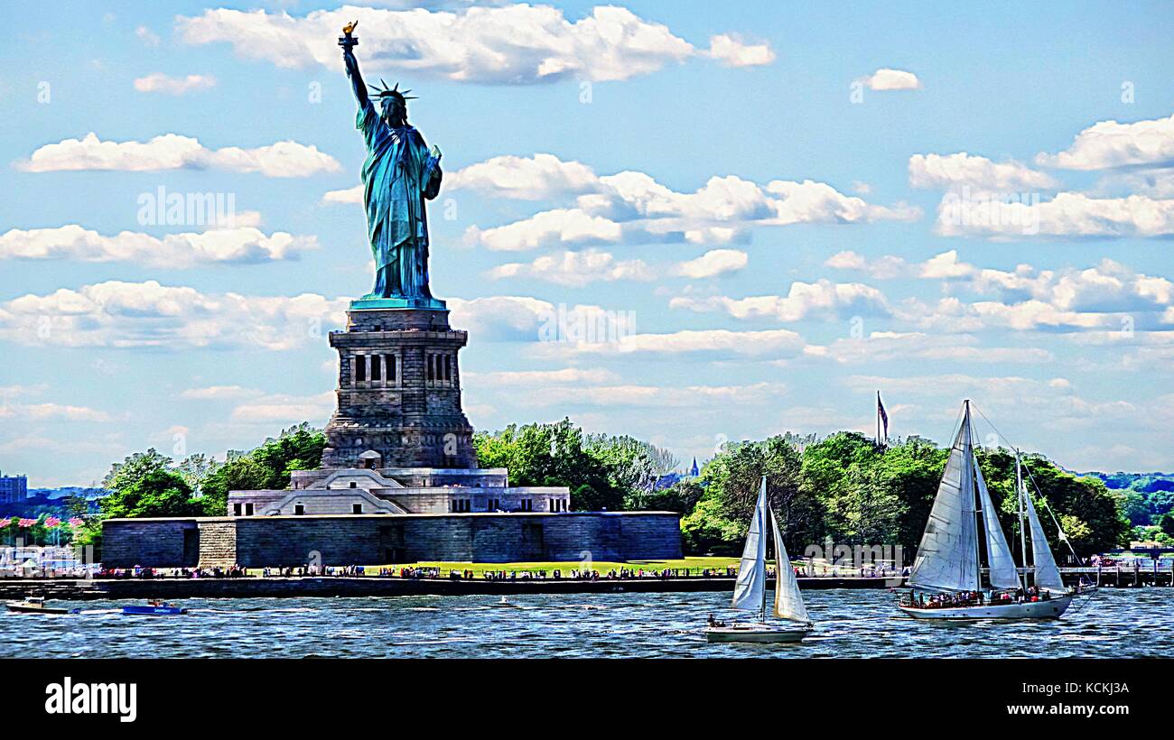Statue Of Liberty And Sailing Stock Photo - Alamy