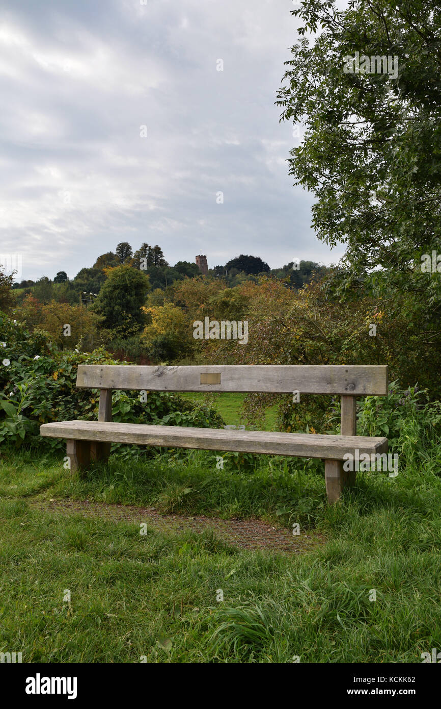 Wooden bench on canal in Kinver, Staffordshire with green foliage and ...