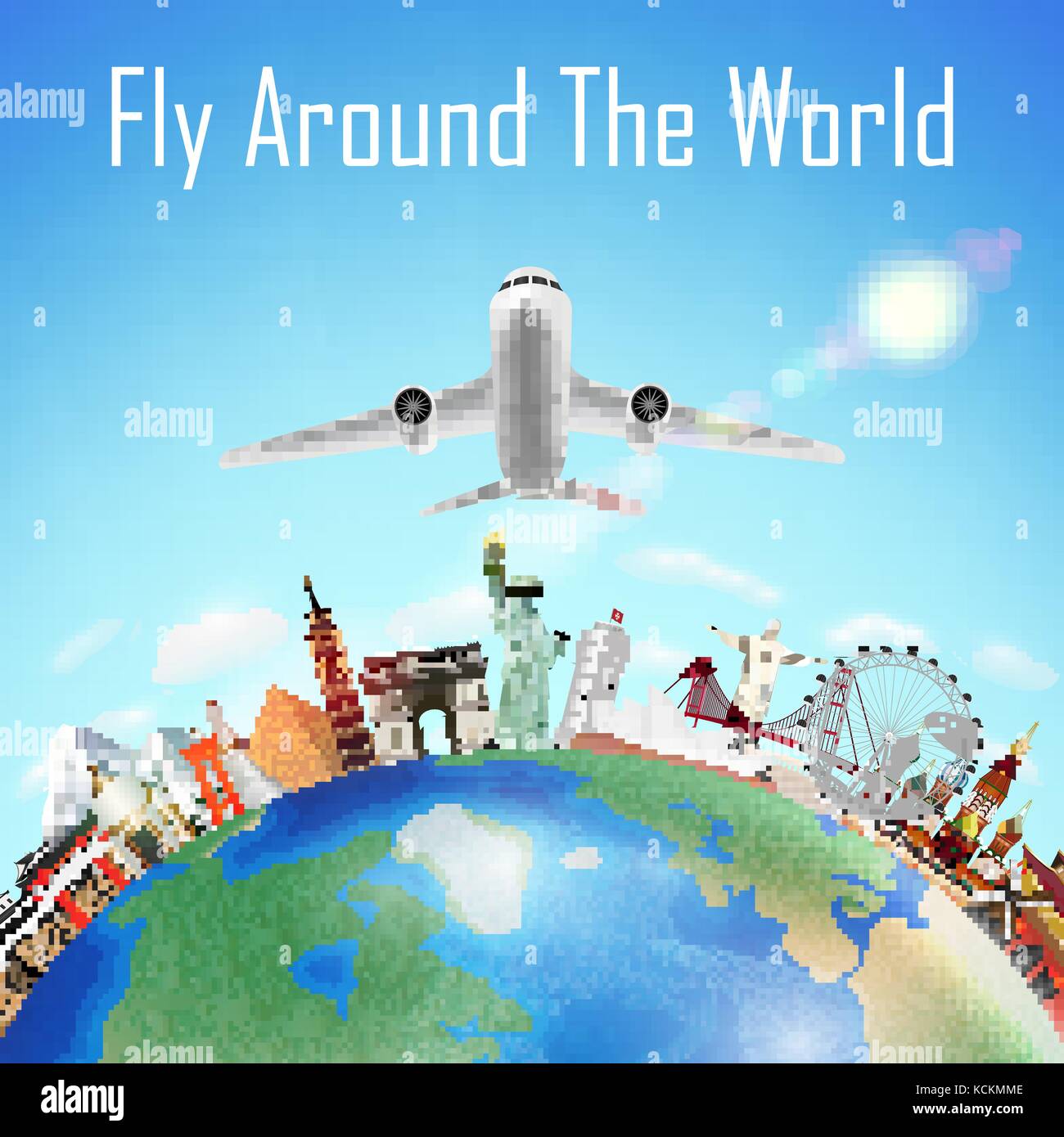 airplane fly around the world with world landmark Stock Vector Image ...